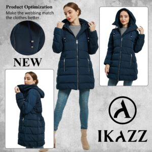 IKAZZ Women's Diamond Quilted Winter Coat Warm Puffer,Vegan Down Warm Snow Contrast Color Drawstring Thicken Water Resistant Windproof Mid Length Packable Shoreline Jacket Regular & Plus Sizes,Navy S