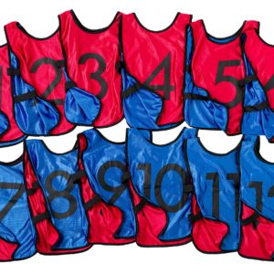 LVL10 Sports Pinnies - Reversible Numbered Practice Vest Pennies for Soccer, Basketball Scrimmages - Adults Kids (Large, 12 Pack (1-12), Red/Blue)