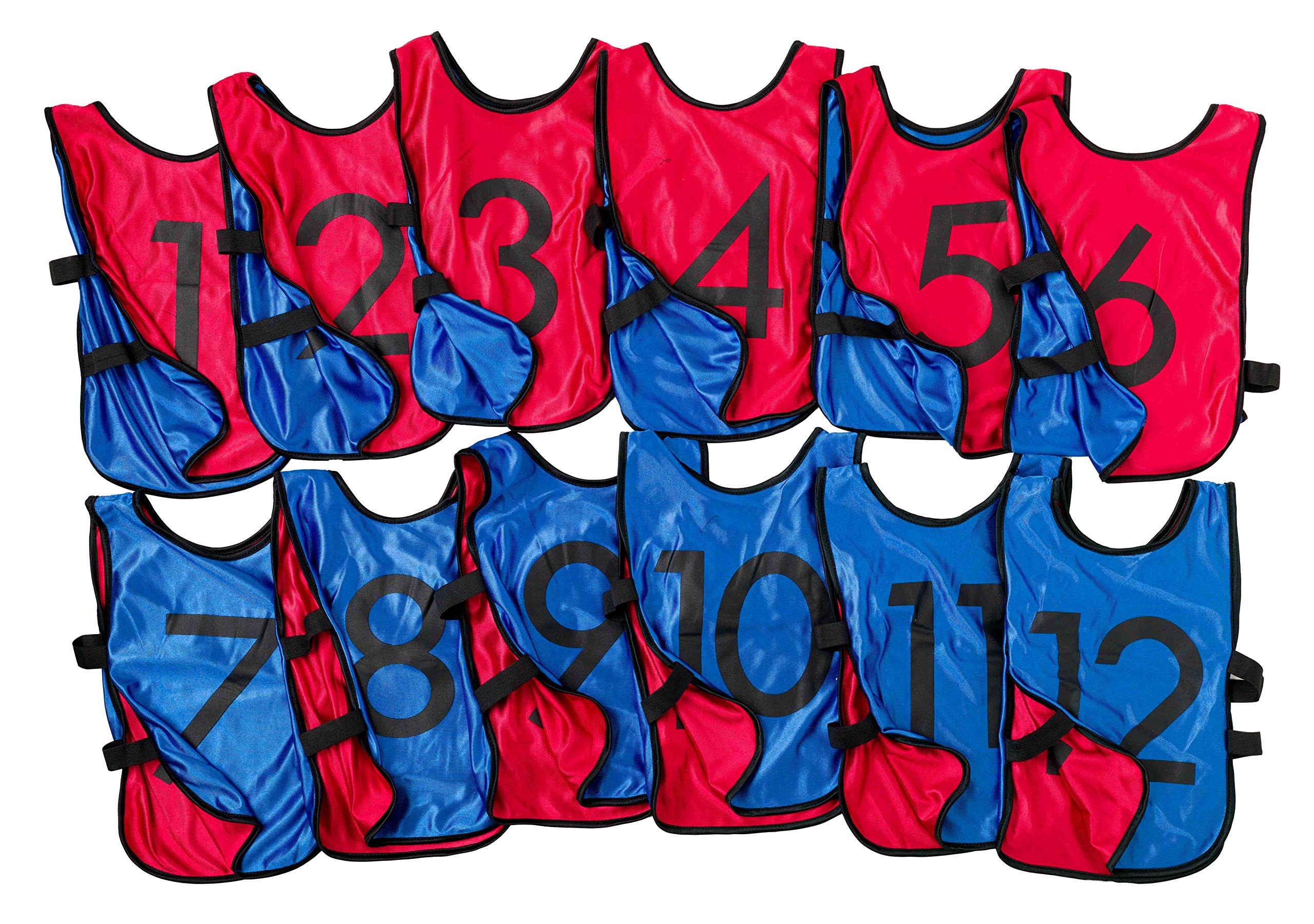 LVL10 Sports Pinnies - Reversible Numbered Practice Vest Pennies for Soccer, Basketball Scrimmages - Adults Kids (Large, 12 Pack (1-12), Red/Blue)