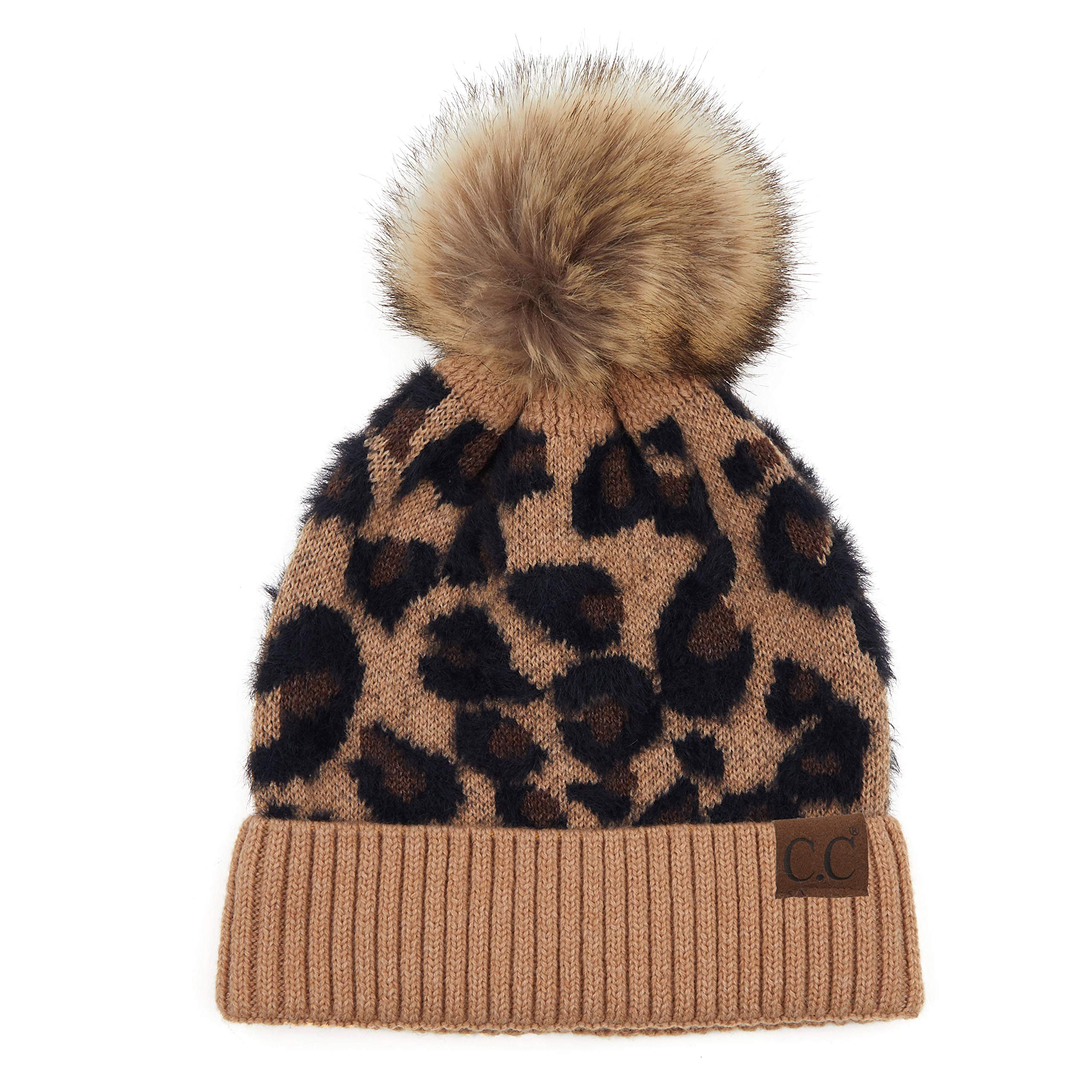 C.C Exclusives Soft Beanie hat with Leopard Pattern and Fur Pom, a Rubber Band Included (HAT-2061)(LATTE)