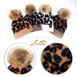 C.C Exclusives Soft Beanie hat with Leopard Pattern and Fur Pom, a Rubber Band Included (HAT-2061)(LATTE)