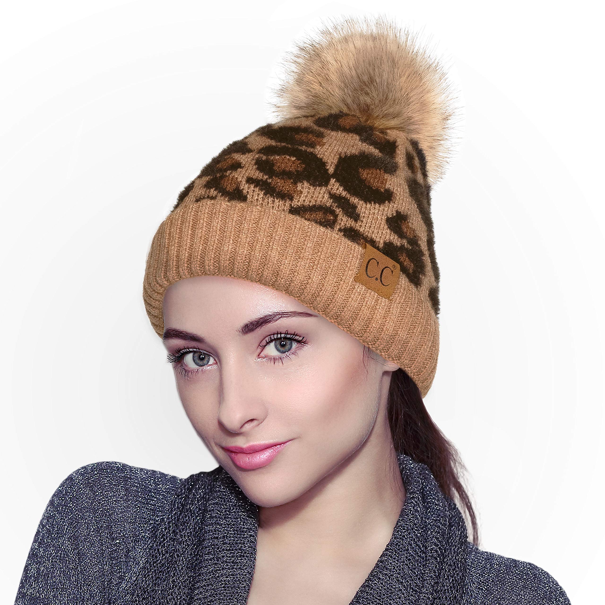 C.C Exclusives Soft Beanie hat with Leopard Pattern and Fur Pom, a Rubber Band Included (HAT-2061)(LATTE)