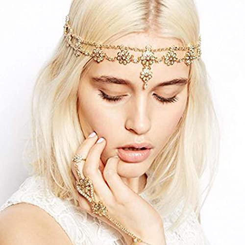 Aceorna Wedding Headbands Chain Floral Jewelry Hair Pieces Crystal Pearl Headpiece Festival Holloween Costume Bridal Accessories for Women and Girls (Gold)