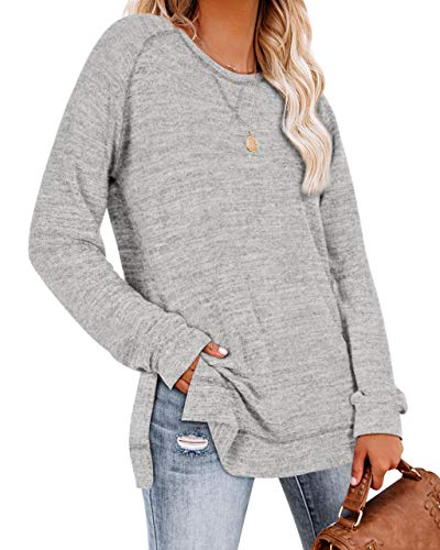 Aokosor Womens Tops 2024 Trendy Oversized Casual Sweaters Long Sleeve Shirts Light Grey L