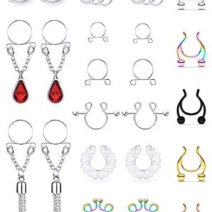 SCERRING Fake Nipple Ring Stainless Steel Non-Piercing Nipple Rings Clip On Nipplerings Faux Body Piercing Jewelry for Women Men 27PCS Mix Color 1#