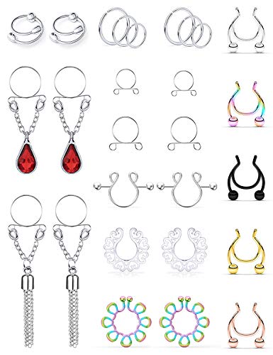 SCERRING Fake Nipple Ring Stainless Steel Non-Piercing Nipple Rings Clip On Nipplerings Faux Body Piercing Jewelry for Women Men 27PCS Mix Color 1#