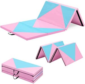 paname folding gymnastics exercise mats, 10’x4’x2” thick gymnastics tumbling mats, lightweight gymnastics panel mat with carrying handle for mma, yoga, home gym, fitness (pink)