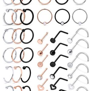 SCERRING 20G Nose Rings Hoop Stainless Steel Bone L Shaped Screw CZ Heart Nose Studs Cartilage Tragus Earrings Piercing Ring Hoop Body Jewelry Set 48PCS Mix Color 1#