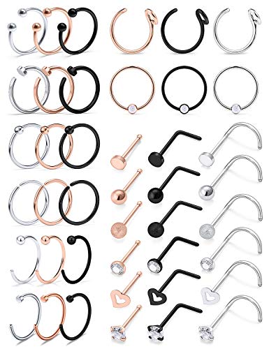 SCERRING 20G Nose Rings Hoop Stainless Steel Bone L Shaped Screw CZ Heart Nose Studs Cartilage Tragus Earrings Piercing Ring Hoop Body Jewelry Set 48PCS Mix Color 1#