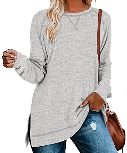 Aokosor Womens Tops 2024 Trendy Oversized Casual Sweaters Long Sleeve Shirts Light Grey L