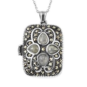 shop lc stainless steel locket - labradorite & marcasite locket pendant necklace for women - vintage lockets in black oxidized stainless steel - 20" necklace length costume jewelry for women birthday