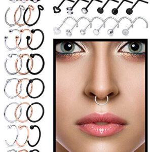 SCERRING 20G Nose Rings Hoop Stainless Steel Bone L Shaped Screw CZ Heart Nose Studs Cartilage Tragus Earrings Piercing Ring Hoop Body Jewelry Set 48PCS Mix Color 1#