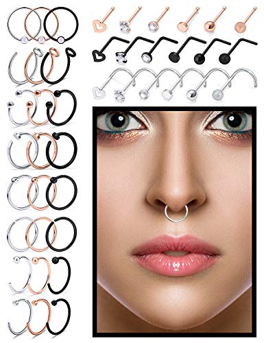 SCERRING 20G Nose Rings Hoop Stainless Steel Bone L Shaped Screw CZ Heart Nose Studs Cartilage Tragus Earrings Piercing Ring Hoop Body Jewelry Set 48PCS Mix Color 1#