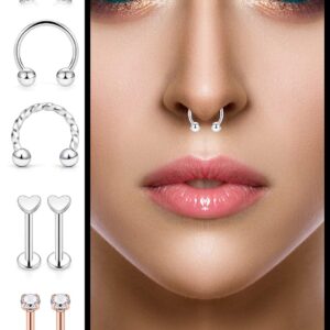 SCERRING 16g Lip Rings Stainless Steel Horseshoe Septum Nose Hoop Labret Monroe Lip Rings Nail Tragus Rook Helix Cartilage Earrings Studs Ring Medusa Piercing Jewelry 36PCS Rainbow