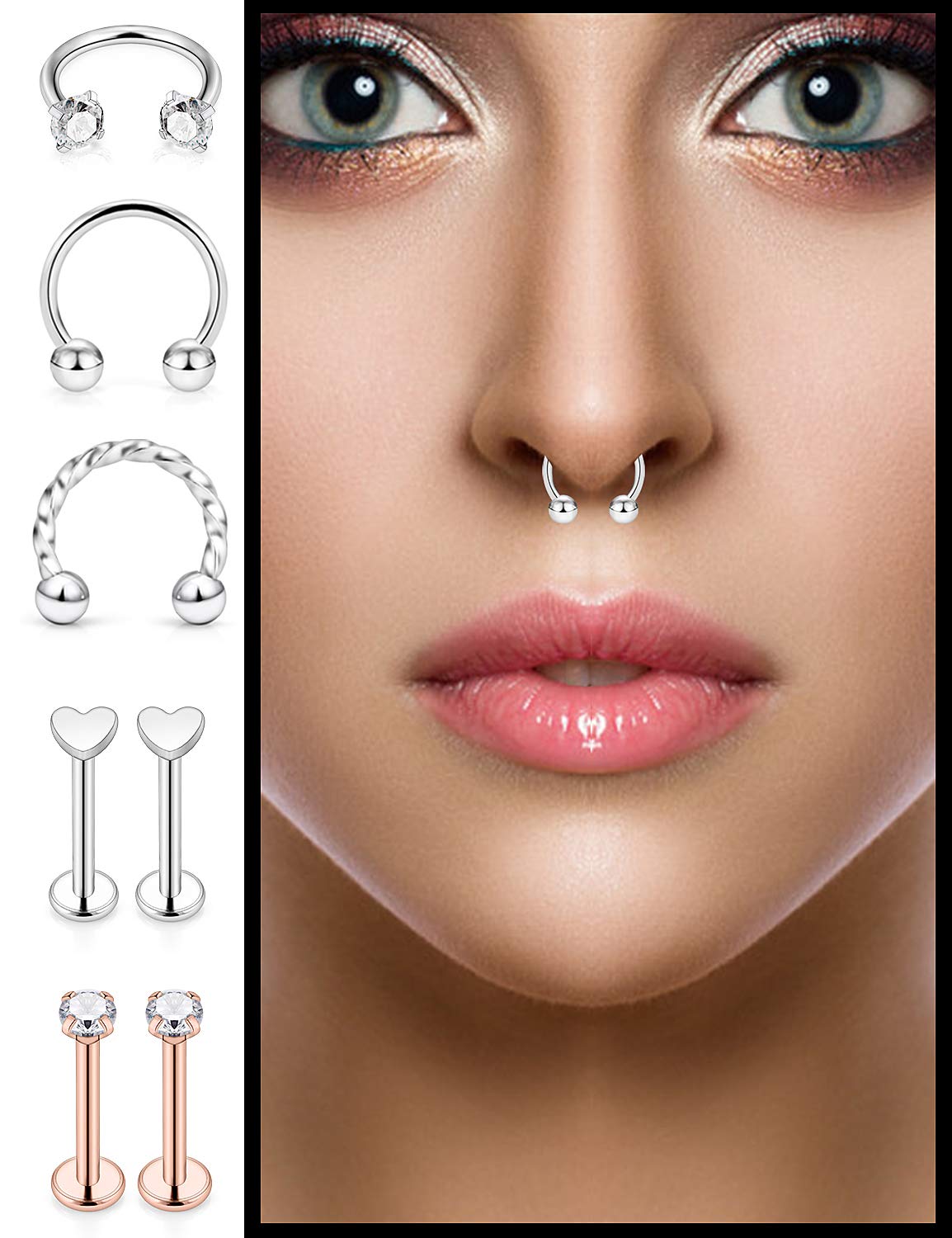 SCERRING 16g Lip Rings Stainless Steel Horseshoe Septum Nose Hoop Labret Monroe Lip Rings Nail Tragus Rook Helix Cartilage Earrings Studs Ring Medusa Piercing Jewelry 36PCS Rainbow