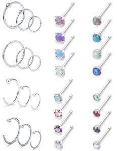 scerring 18 gauge nose rings hoop stainless steel bone 2mm cz opal nose studs cartilage daith tragus ear piercing ring hoop body jewelry set 28pcs