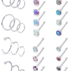 SCERRING 18 Gauge Nose Rings Hoop Stainless Steel Bone 2mm CZ Opal Nose Studs Cartilage Daith Tragus Ear Piercing Ring Hoop Body Jewelry Set 28PCS