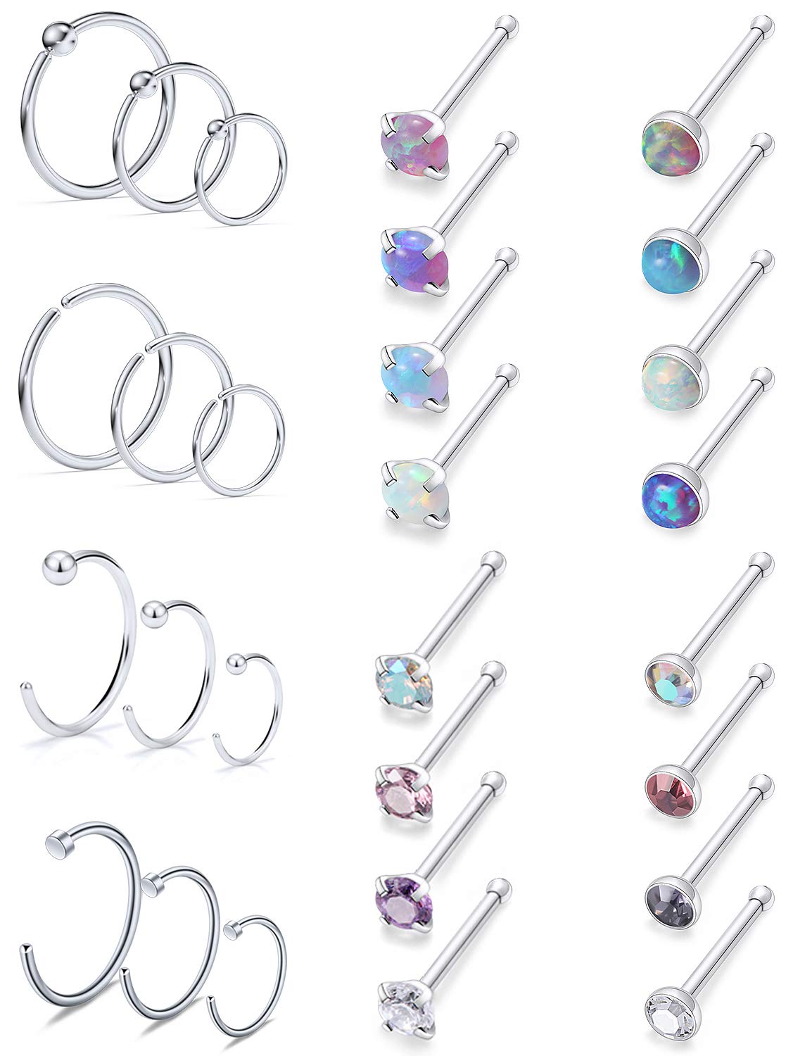 SCERRING 18 Gauge Nose Rings Hoop Stainless Steel Bone 2mm CZ Opal Nose Studs Cartilage Daith Tragus Ear Piercing Ring Hoop Body Jewelry Set 28PCS