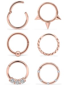 scerring 6pcs 16g stainless steel hinged clicker segment septum nose lip ring hoop cartilage tragus sleeper earrings body piercing jewelry braided 10mm rose gold