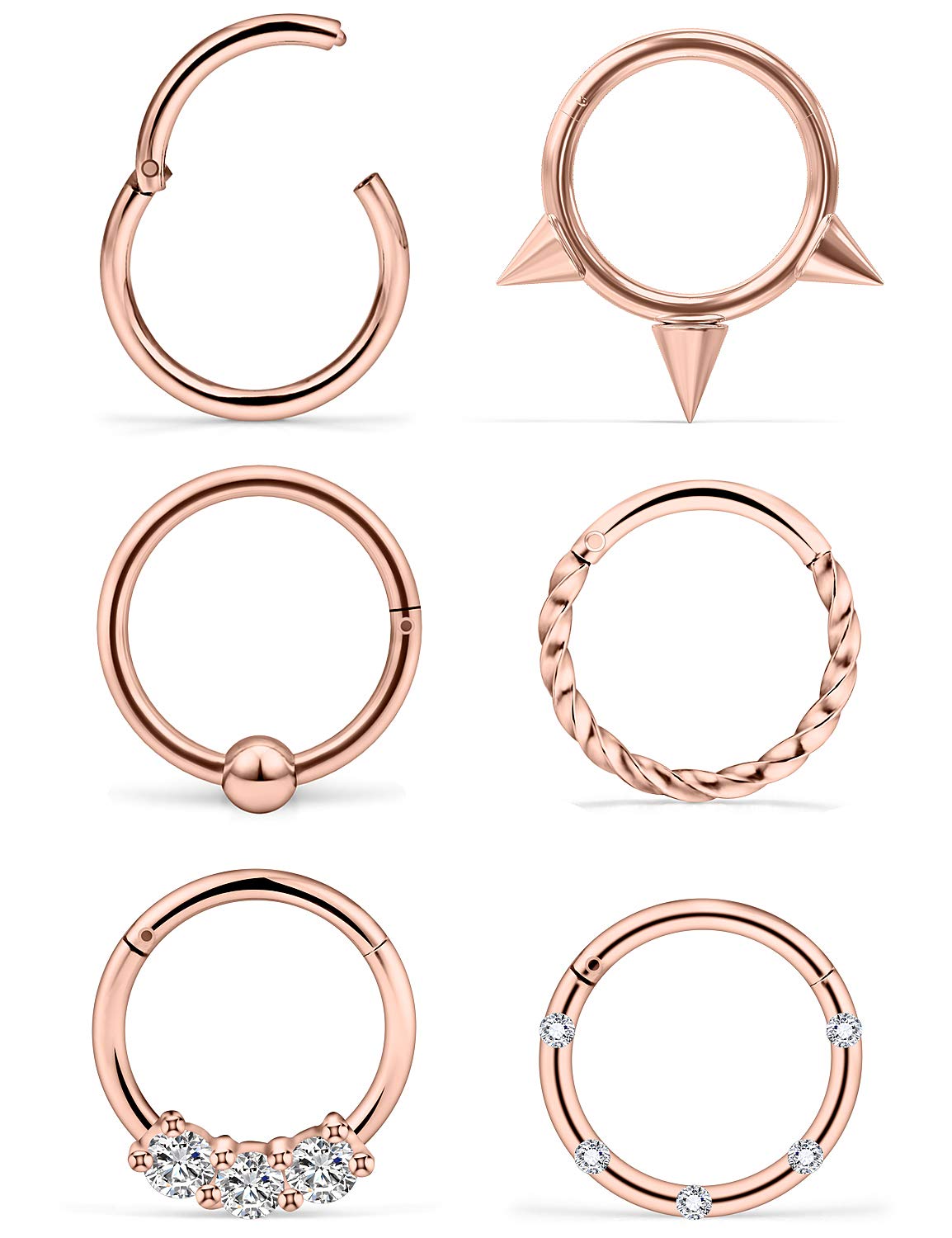 SCERRING 6PCS 16G Stainless Steel Hinged Clicker Segment Septum Nose Lip Ring Hoop Cartilage Tragus Sleeper Earrings Body Piercing Jewelry Braided 10mm Rose Gold