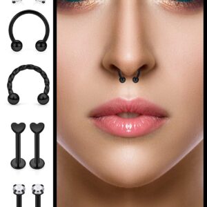 SCERRING 16g Lip Rings Stainless Steel Horseshoe Septum Nose Hoop Labret Monroe Lip Rings Nail Tragus Rook Helix Cartilage Earrings Studs Ring Medusa Piercing Jewelry 38PCS Black