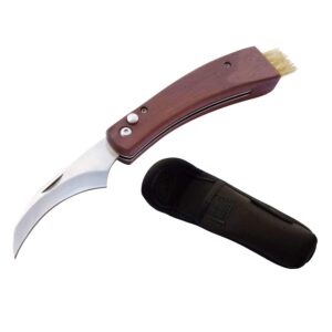 hanziup mushroom knife with brush, folding fungus lock outdoors truffles harvest sharp knives, natural wood handle, neoprene pouch