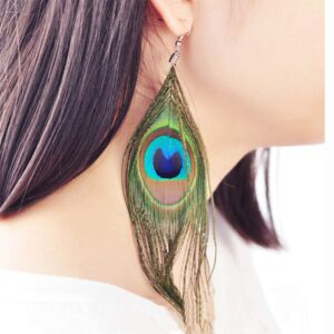 aimimier bohemian peacock feather chandelier earrings long drop dangle hook earrings prom party festival jewelry for women