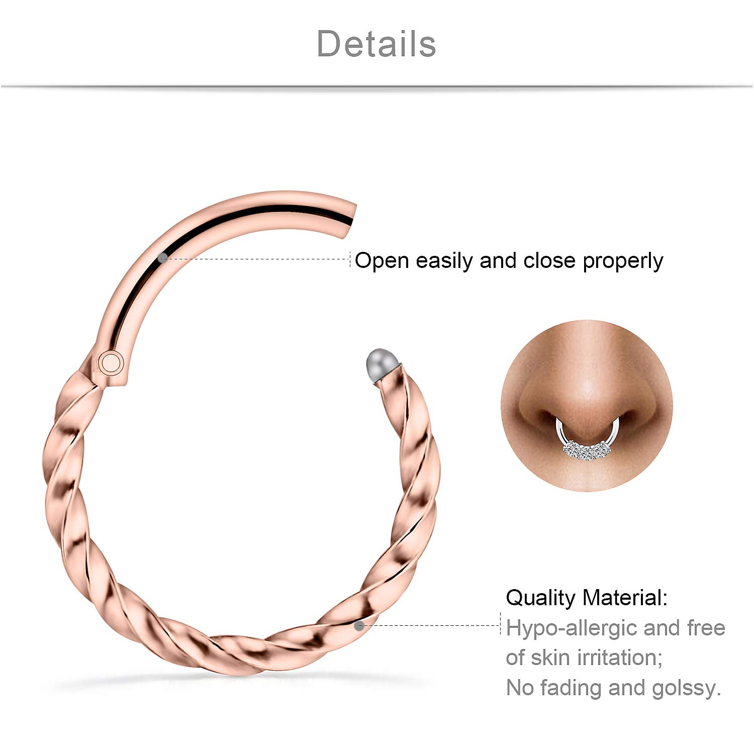 SCERRING 6PCS 16G Stainless Steel Hinged Clicker Segment Septum Nose Lip Ring Hoop Cartilage Tragus Sleeper Earrings Body Piercing Jewelry Braided 10mm Rose Gold