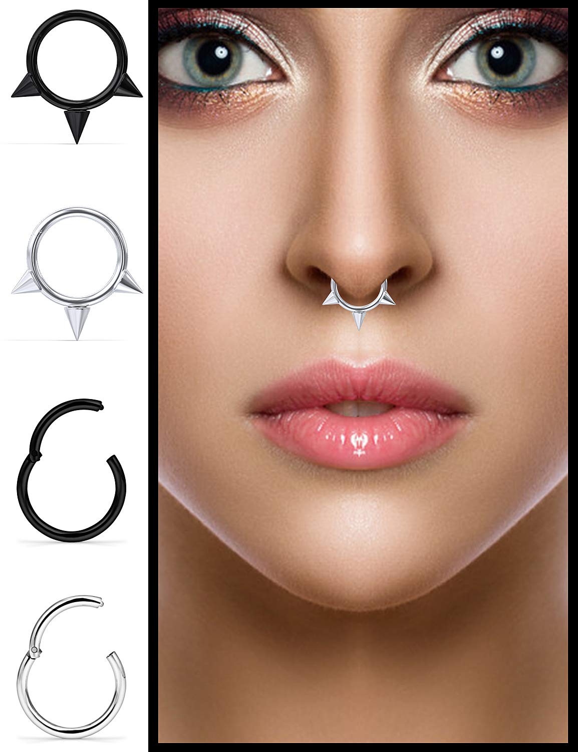 SCERRING 16G Septum Jewelry Stainless Steel Hinged Seamless Nose Hoop Ring Cartilage Daith Tragus Clicker Rings Retainer Body Piercing Jewelry 20PCS Silver & Black