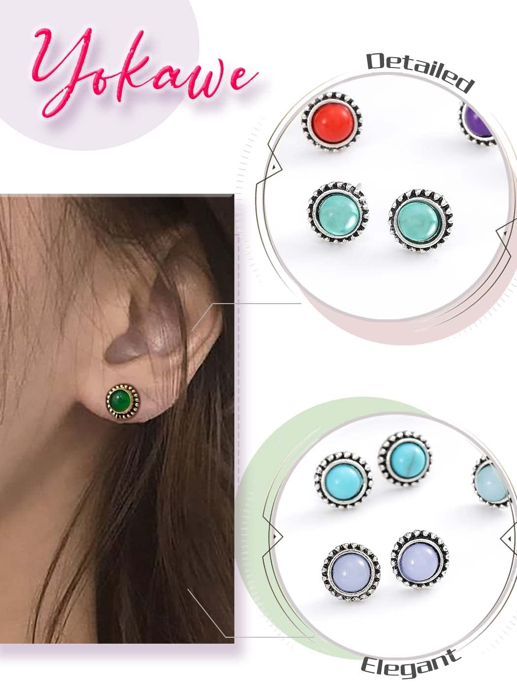 Yokawe Boho Stud Set Earrings Silver Crystal Gem Earring Ear Stud Multiple Ear Jewelry for Women and Girls Gift (6 Pairs)