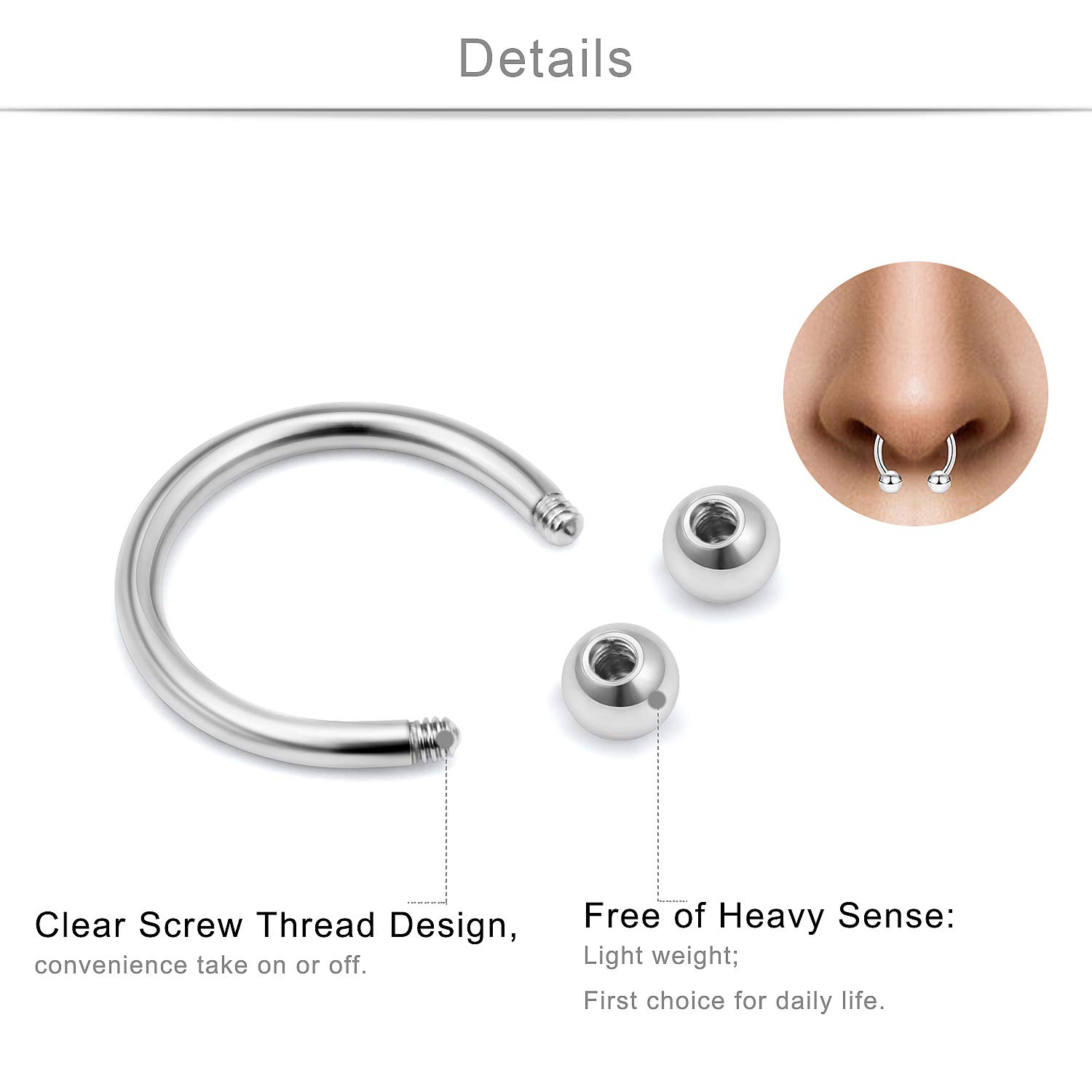 SCERRING 16G Septum Jewelry Stainless Steel Hinged Seamless Nose Hoop Ring Cartilage Daith Tragus Clicker Rings Retainer Body Piercing Jewelry 20PCS Silver & Black