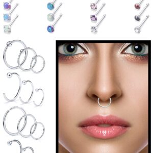 SCERRING 18 Gauge Nose Rings Hoop Stainless Steel Bone 2mm CZ Opal Nose Studs Cartilage Daith Tragus Ear Piercing Ring Hoop Body Jewelry Set 28PCS