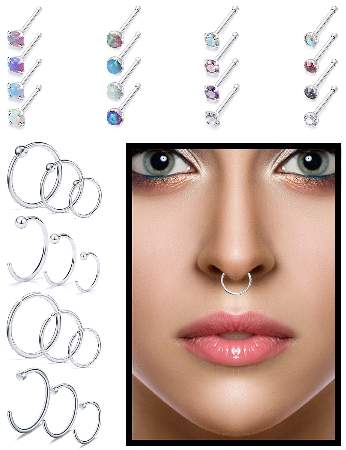 SCERRING 18 Gauge Nose Rings Hoop Stainless Steel Bone 2mm CZ Opal Nose Studs Cartilage Daith Tragus Ear Piercing Ring Hoop Body Jewelry Set 28PCS