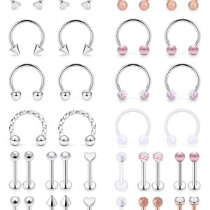 SCERRING 16g Lip Rings Stainless Steel Horseshoe Septum Nose Hoop Labret Monroe Lip Rings Nail Tragus Rook Helix Cartilage Earrings Studs Ring Medusa Piercing Jewelry 36PCS Rainbow