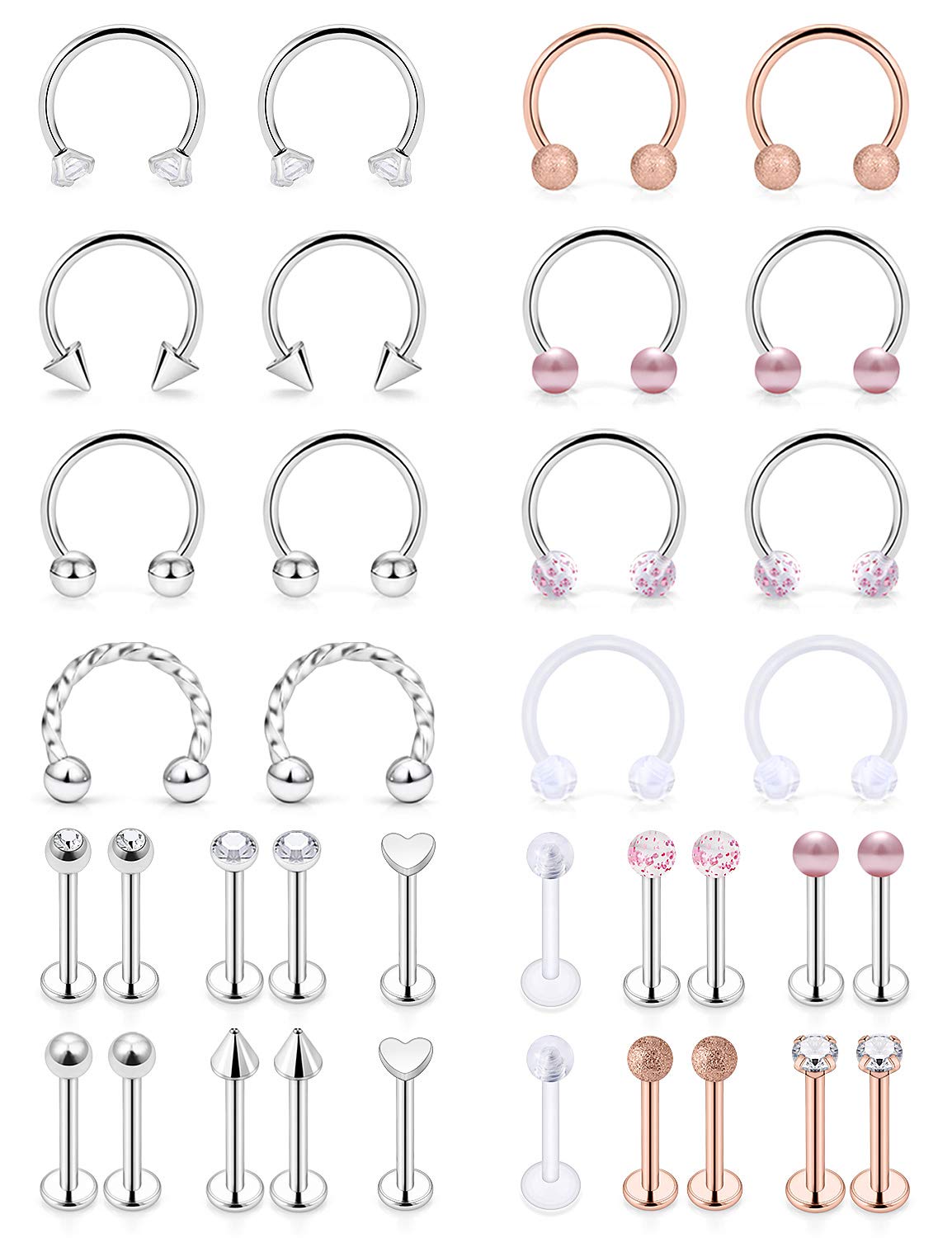 SCERRING 16g Lip Rings Stainless Steel Horseshoe Septum Nose Hoop Labret Monroe Lip Rings Nail Tragus Rook Helix Cartilage Earrings Studs Ring Medusa Piercing Jewelry 36PCS Rainbow