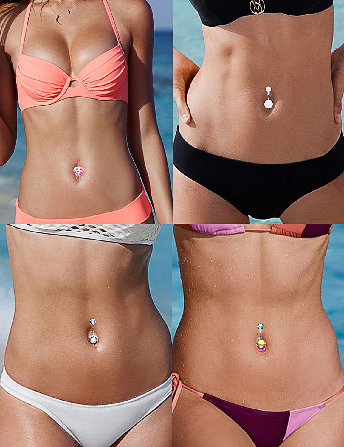 SCERRING Belly Button Rings 14G Stainless Steel Navel Belly Earring Heart Opal Navel Ring Barbell Body Piercing Jewelry 32PCS Mix Color