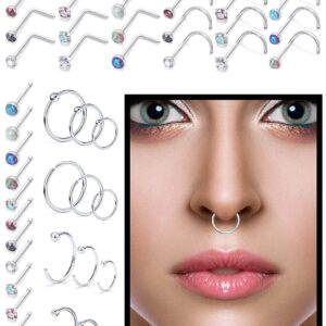 SCERRING 48PCS 22 Gauge Nose Rings Hoop Stainless Steel Bone L Shaped Screw 2mm Opal CZ Nose Studs Cartilage Daith Tragus Ear Piercing Ring Hoop Body Jewelry Set