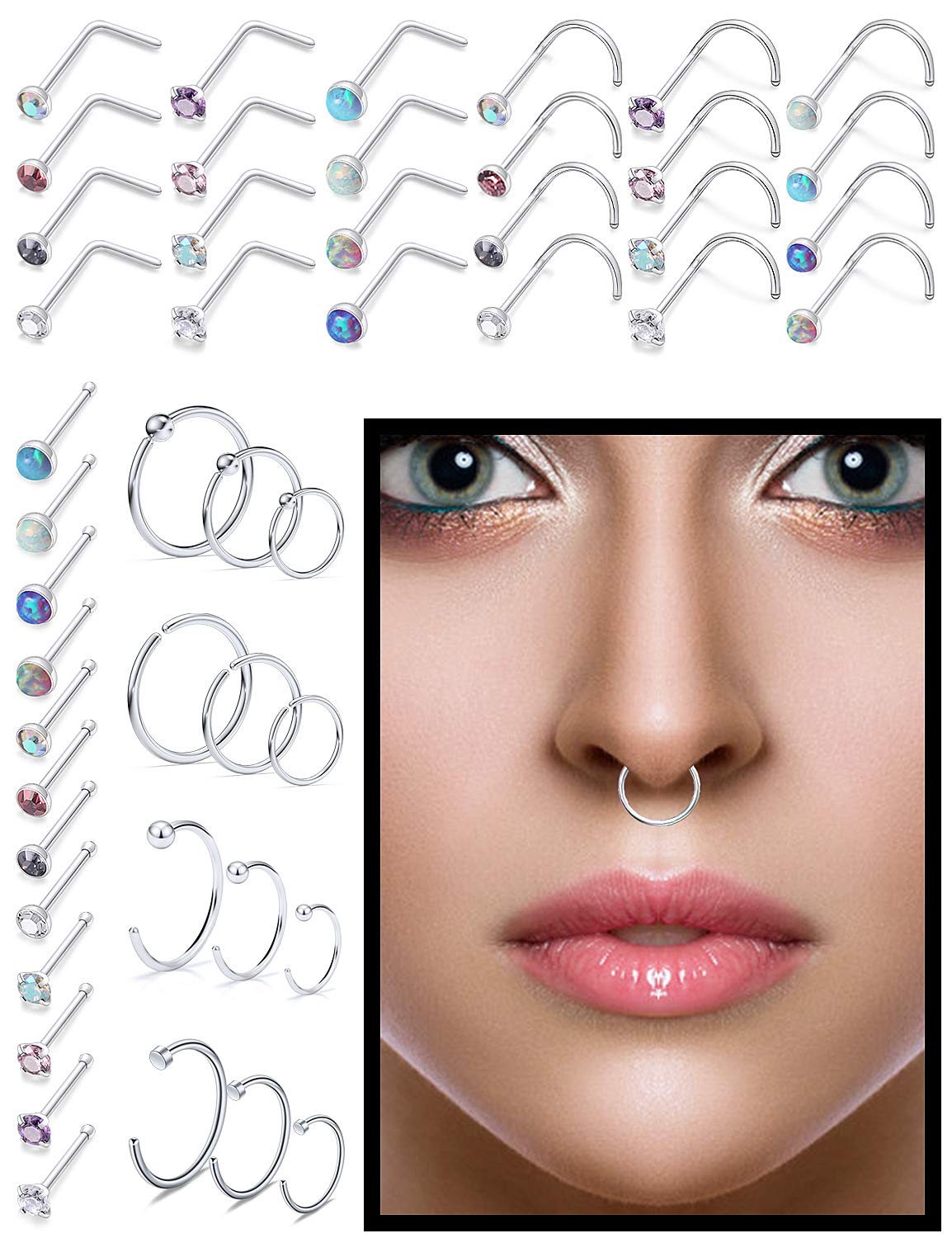 SCERRING 48PCS 22 Gauge Nose Rings Hoop Stainless Steel Bone L Shaped Screw 2mm Opal CZ Nose Studs Cartilage Daith Tragus Ear Piercing Ring Hoop Body Jewelry Set