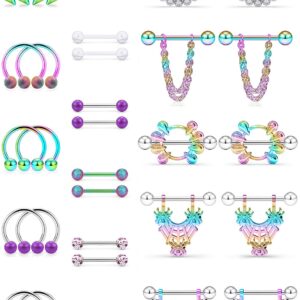 SCERRING 14G Nipple Rings 316L Stainless Steel CZ Nipplerings Shield Tongue Barbell Rings Bars Body Piercing Jewelry for Women 32PCS Rainbow