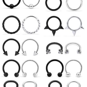 SCERRING 16G Septum Jewelry Stainless Steel Hinged Seamless Nose Hoop Ring Cartilage Daith Tragus Clicker Rings Retainer Body Piercing Jewelry 20PCS Silver & Black