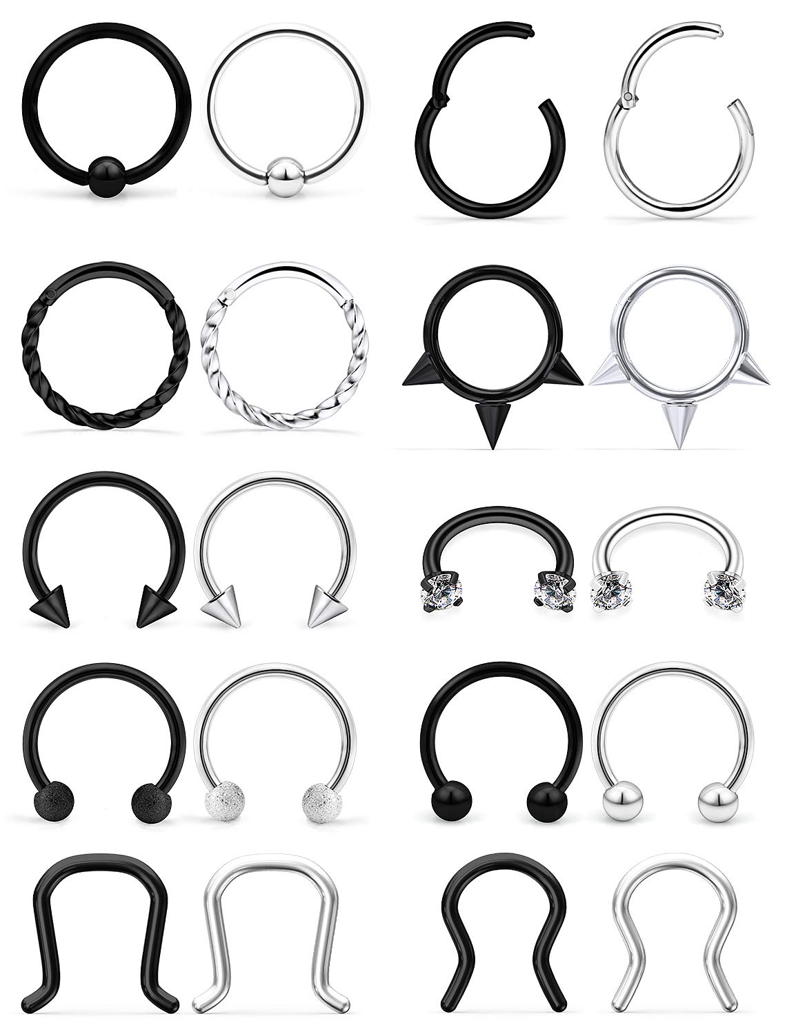 SCERRING 16G Septum Jewelry Stainless Steel Hinged Seamless Nose Hoop Ring Cartilage Daith Tragus Clicker Rings Retainer Body Piercing Jewelry 20PCS Silver & Black