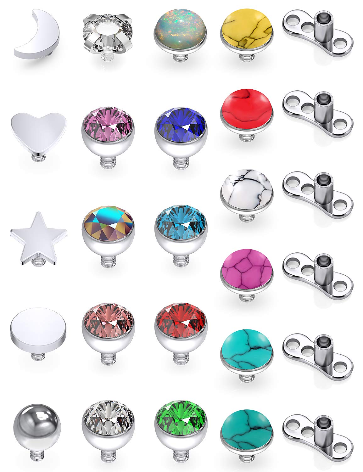 SCERRING 14G Dermal Piercing Jewelry Anchor Tops and Base Titanium Microdermals Piercing for Women Men CZ Ball Flat Moon Star Opal Heart 3mm 27PCS