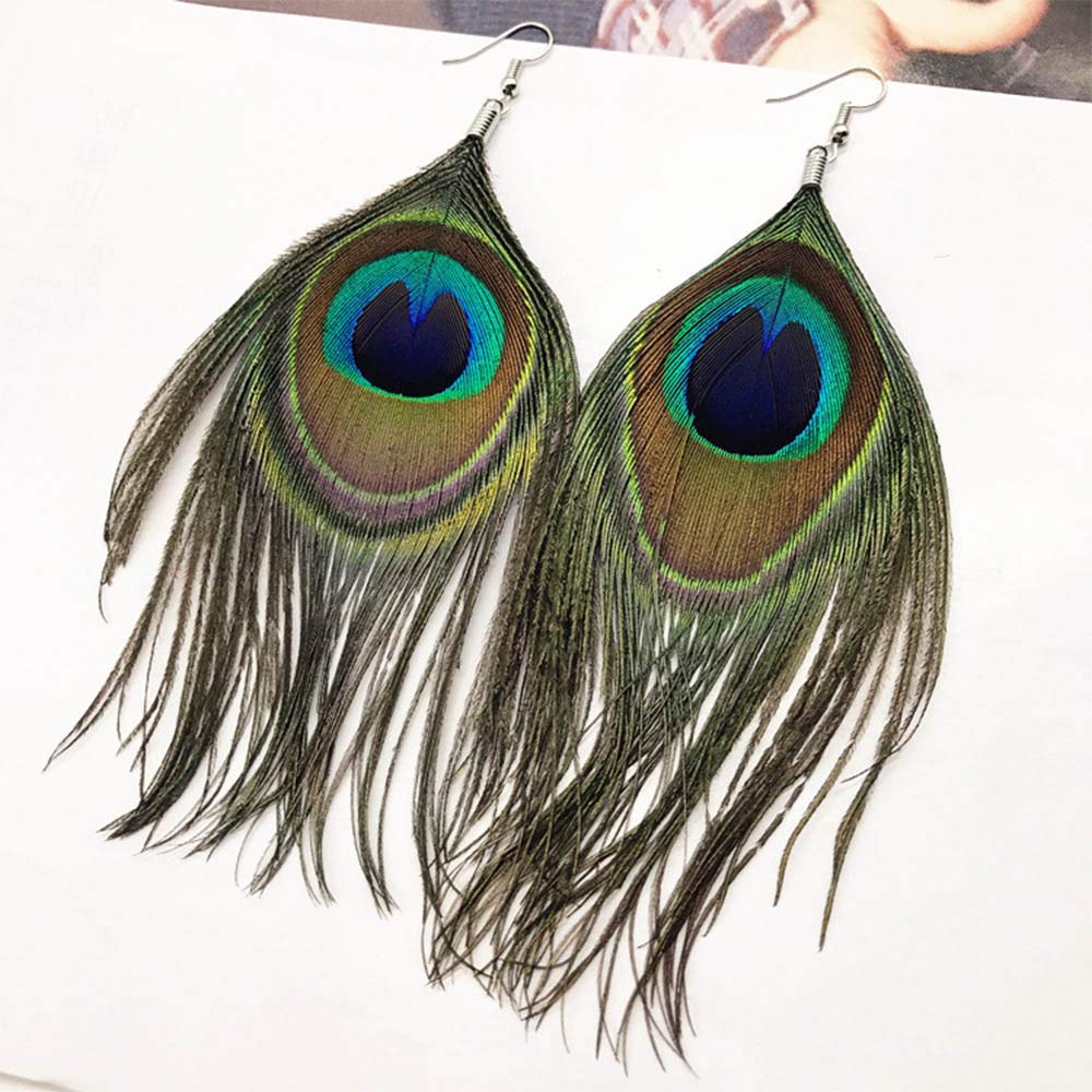 Aimimier Bohemian Peacock Feather Chandelier Earrings Long Drop Dangle Hook Earrings Prom Party Festival Jewelry for Women