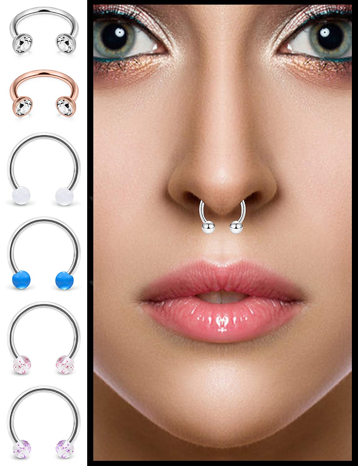 SCERRING 16G Septum Jewelry Nose Hoop Ring Horseshoe Cartilage Daith Tragus Earings Rings Retainer Body Piercing Jewelry 10mm 40PCS Mix Color