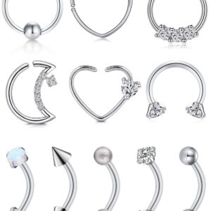 Briana Williams 16G Rook Earrings Stainless Steel Curved Barbell Eyebrow Rings Heart Moon Clicker Daith Piercing Captive Bead Horseshoe Hoop Earring for Cartilage Tragus Helix Piercing Jewelry