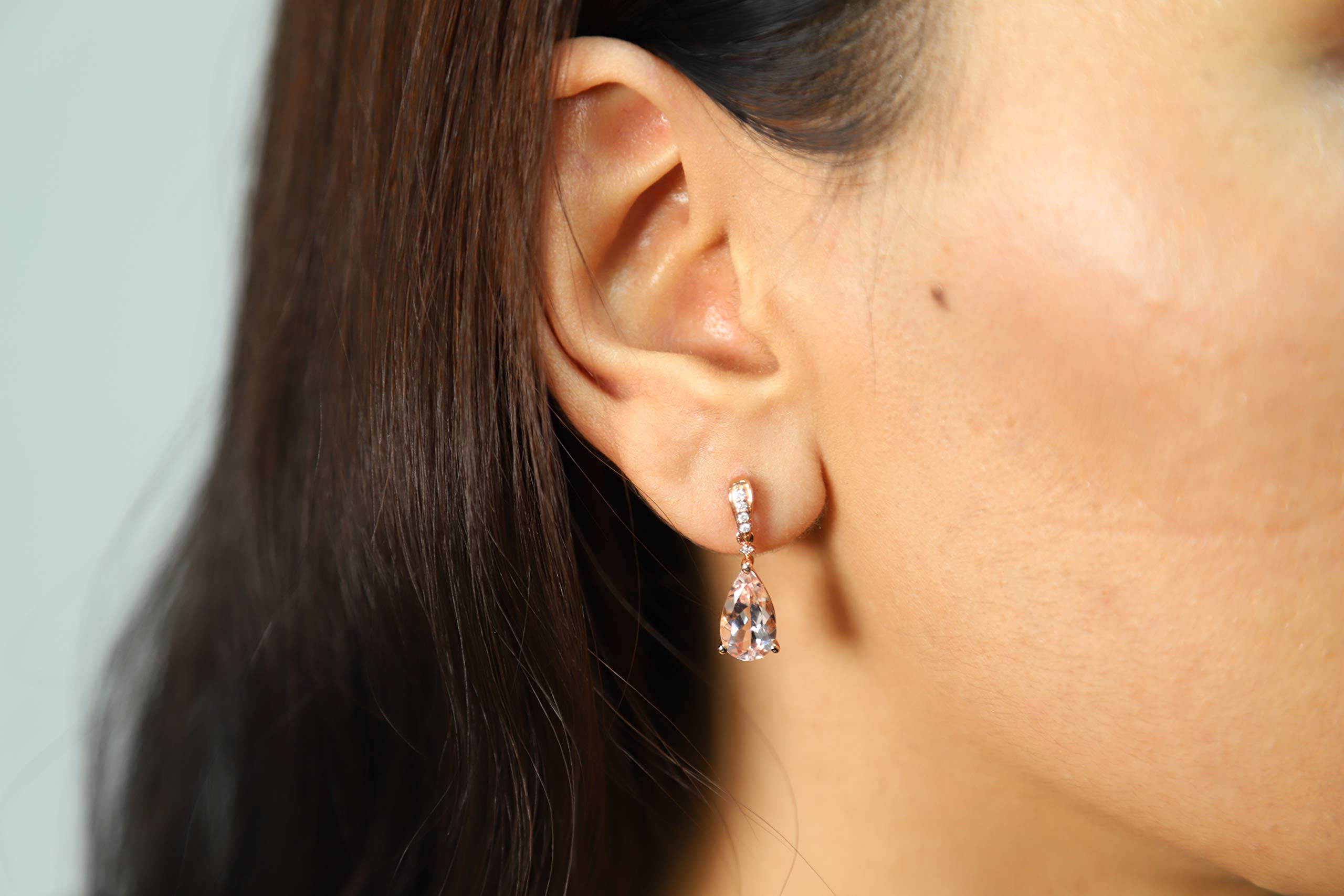 Gin & Grace 10K Rose Gold Genuine Pear Cut Morganite & Natural Diamond Drop Earring for Women