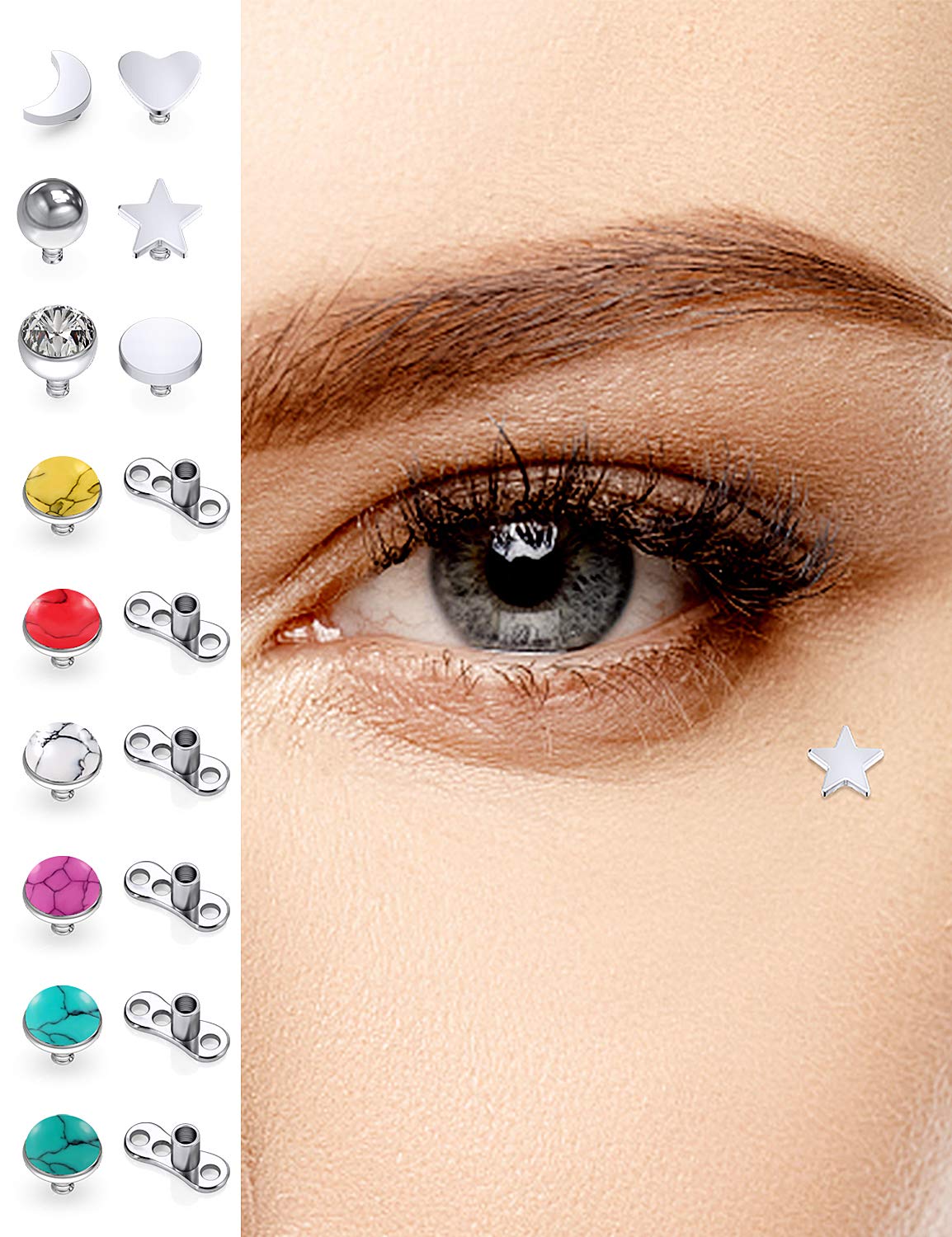 SCERRING 14G Dermal Piercing Jewelry Anchor Tops and Base Titanium Microdermals Piercing for Women Men CZ Ball Flat Moon Star Opal Heart 3mm 27PCS