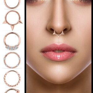 SCERRING 6PCS 16G Stainless Steel Hinged Clicker Segment Septum Nose Lip Ring Hoop Cartilage Tragus Sleeper Earrings Body Piercing Jewelry Braided 10mm Rose Gold