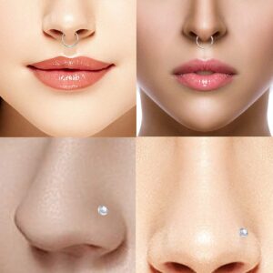 SCERRING 48PCS 22 Gauge Nose Rings Hoop Stainless Steel Bone L Shaped Screw 2mm Opal CZ Nose Studs Cartilage Daith Tragus Ear Piercing Ring Hoop Body Jewelry Set