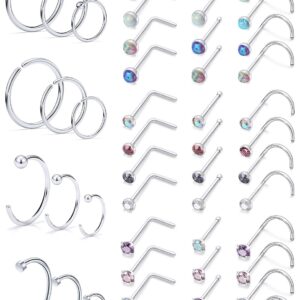 SCERRING 48PCS 22 Gauge Nose Rings Hoop Stainless Steel Bone L Shaped Screw 2mm Opal CZ Nose Studs Cartilage Daith Tragus Ear Piercing Ring Hoop Body Jewelry Set